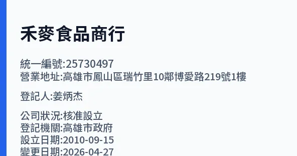 禾麥食品商行的照片-統編 25730497(高雄市) 公司登記資料與營業項目詳細圖表