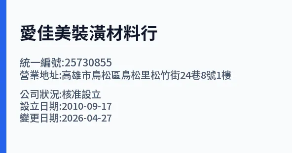 愛佳美裝潢材料行的照片-統編 25730855(高雄市) 公司登記資料與營業項目詳細圖表