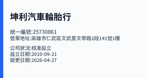 坤利汽車輪胎行的照片-統編 25730861(高雄市) 公司登記資料與營業項目詳細圖表