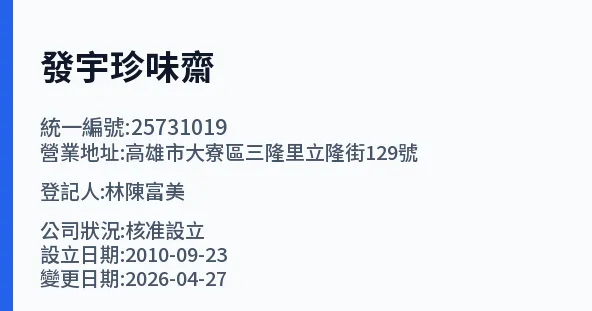 發宇珍味齋的照片-統編 25731019(高雄市) 公司登記資料與營業項目詳細圖表
