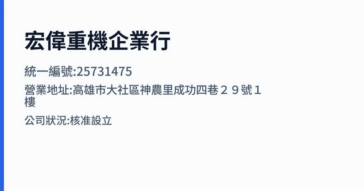 宏偉重機企業行 - 統編 25731475(高雄市) 公司登記資料與營業項目詳細圖表