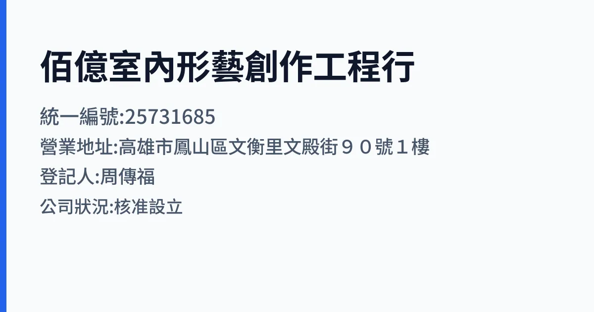 佰億室內形藝創作工程行 - 統編 25731685(高雄市) 公司登記資料與營業項目詳細圖表
