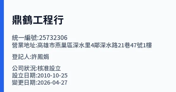 鼎鶴工程行的照片-統編 25732306(高雄市) 公司登記資料與營業項目詳細圖表