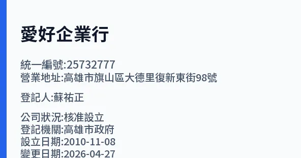 愛好企業行的照片-統編 25732777(高雄市) 公司登記資料與營業項目詳細圖表