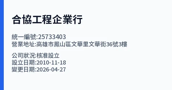 合協工程企業行的照片-統編 25733403(高雄市) 公司登記資料與營業項目詳細圖表