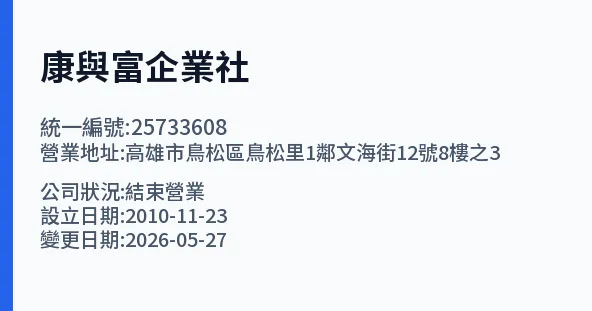 康與富企業社的照片-統編 25733608(高雄市) 公司登記資料與營業項目詳細圖表