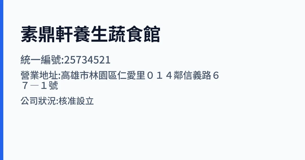 素鼎軒養生蔬食館 - 統編 25734521(高雄市) 公司登記資料與營業項目詳細圖表