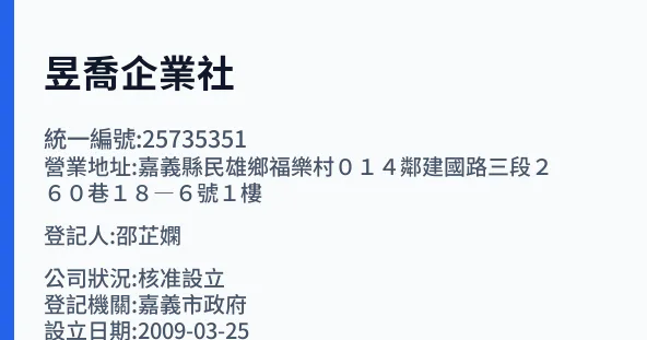 昱喬企業社的照片-統編 25735351(嘉義縣) 公司登記資料與營業項目詳細圖表