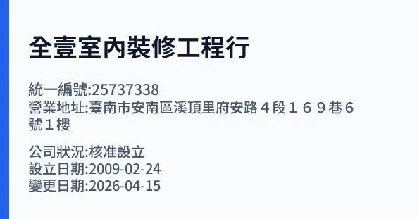 全壹室內裝修工程行的照片-統編 25737338(臺南市) 公司登記資料與營業項目詳細圖表