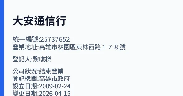 大安通信行的照片-統編 25737652(高雄市) 公司登記資料與營業項目詳細圖表