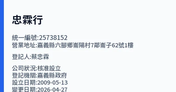 忠霖行的照片-統編 25738152(嘉義縣) 公司登記資料與營業項目詳細圖表