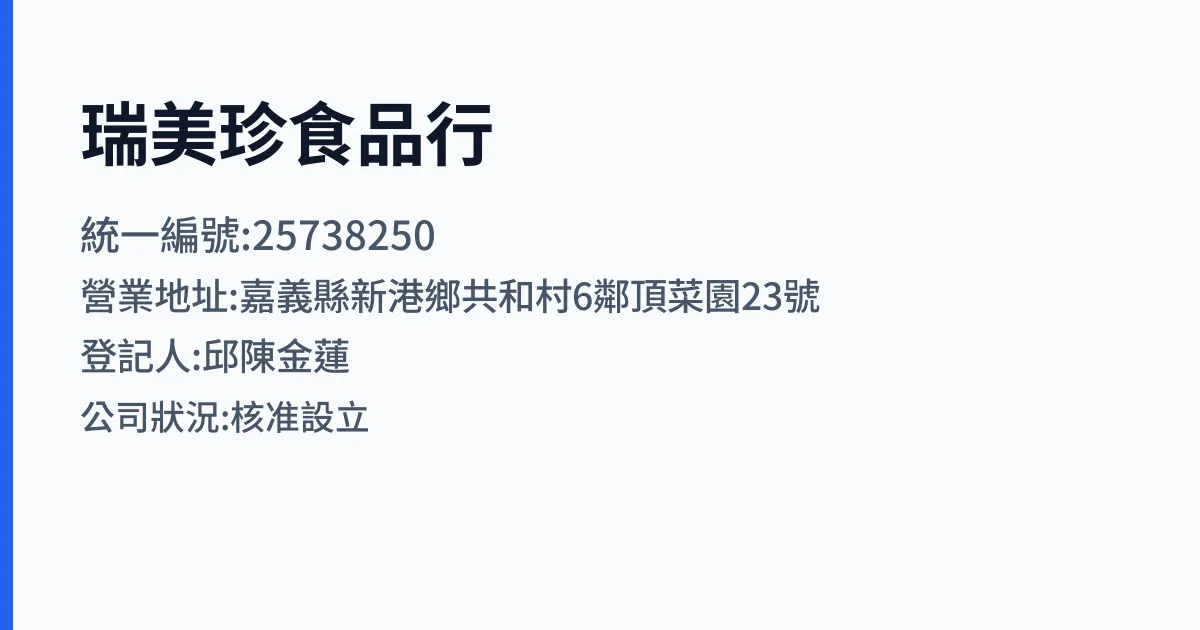 瑞美珍食品行 - 統編 25738250(嘉義縣) 公司登記資料與營業項目詳細圖表