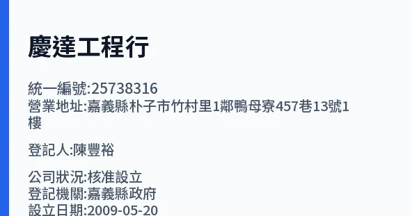 慶達工程行的照片-統編 25738316(嘉義縣) 公司登記資料與營業項目詳細圖表