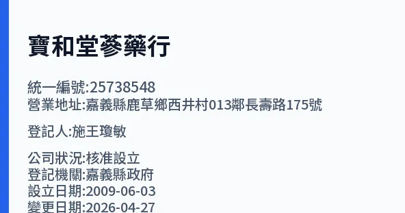 寶和堂蔘藥行的照片-統編 25738548(嘉義縣) 公司登記資料與營業項目詳細圖表