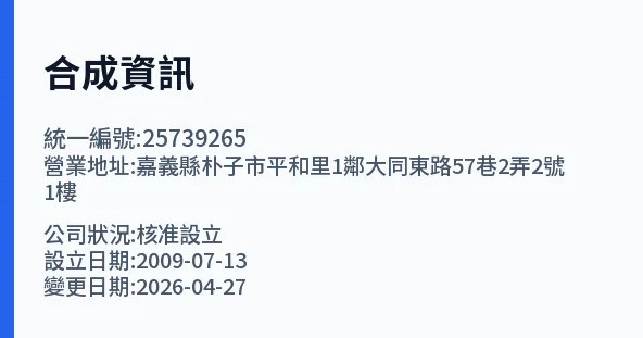 合成資訊的照片-統編 25739265(嘉義縣) 公司登記資料與營業項目詳細圖表