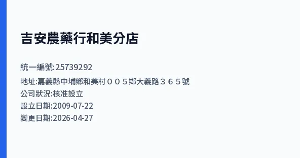 吉安農藥行和美分店的照片-統編 25739292(嘉義縣) 公司登記資料與營業項目詳細圖表