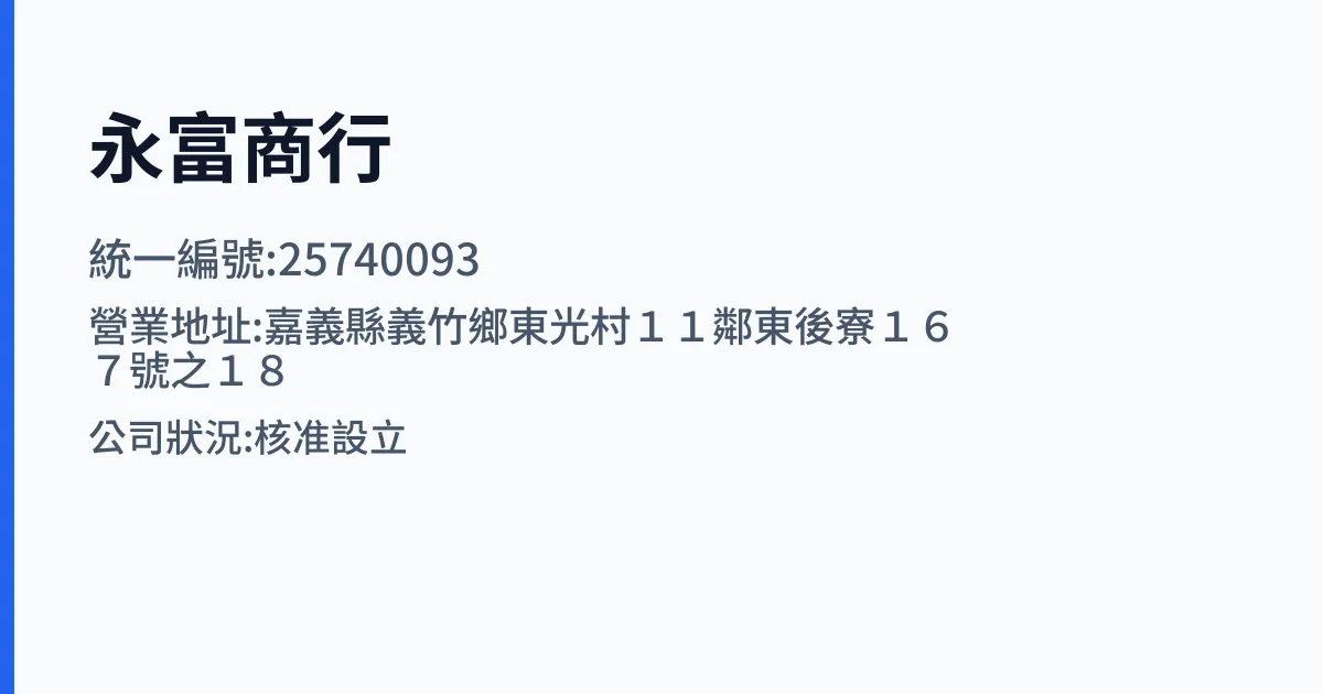 永富商行 - 統編 25740093(嘉義縣) 公司登記資料與營業項目詳細圖表