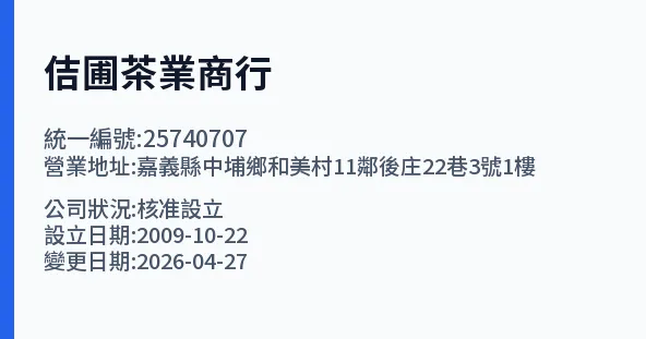 佶圃茶業商行的照片-統編 25740707(嘉義縣) 公司登記資料與營業項目詳細圖表