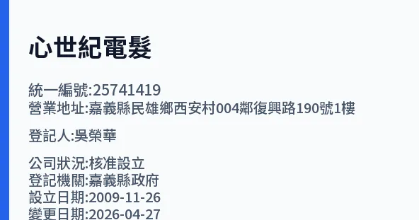 心世紀電髮的照片-統編 25741419(嘉義縣) 公司登記資料與營業項目詳細圖表