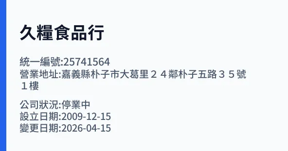 久糧食品行的照片-統編 25741564(嘉義縣) 公司登記資料與營業項目詳細圖表