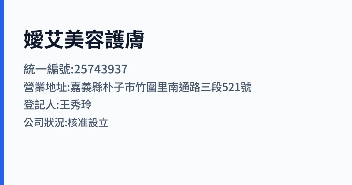 嬡艾美容護膚 - 統編 25743937(嘉義縣) 公司登記資料與營業項目詳細圖表
