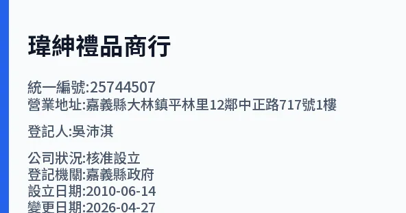 瑋紳禮品商行的照片-統編 25744507(嘉義縣) 公司登記資料與營業項目詳細圖表