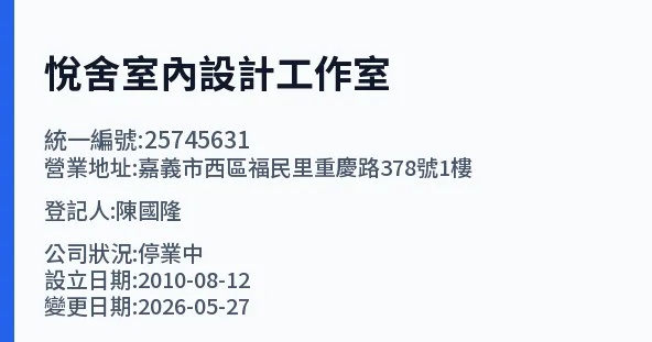 悅舍室內設計工作室的照片-統編 25745631(嘉義市) 公司登記資料與營業項目詳細圖表