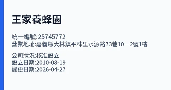 王家養蜂園的照片-統編 25745772(嘉義縣) 公司登記資料與營業項目詳細圖表