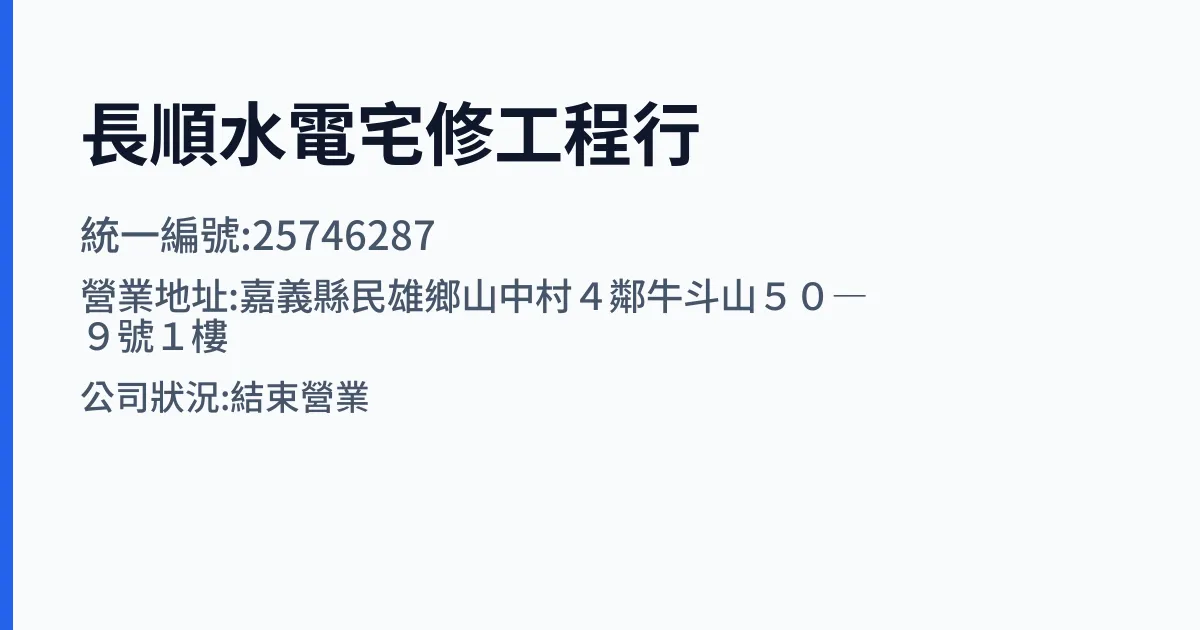 長順水電宅修工程行 - 統編 25746287(嘉義縣) 公司登記資料與營業項目詳細圖表