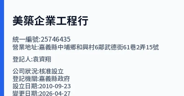 美築企業工程行的照片-統編 25746435(嘉義縣) 公司登記資料與營業項目詳細圖表
