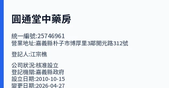 圓通堂中藥房的照片-統編 25746961(嘉義縣) 公司登記資料與營業項目詳細圖表