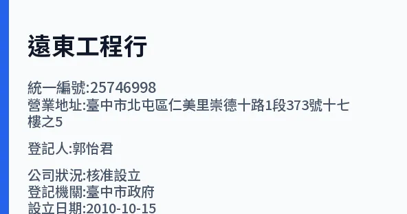 遠東工程行的照片-統編 25746998(臺中市) 公司登記資料與營業項目詳細圖表