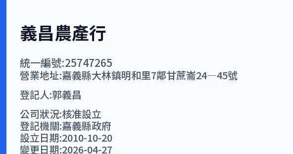 義昌農產行的照片-統編 25747265(嘉義縣) 公司登記資料與營業項目詳細圖表