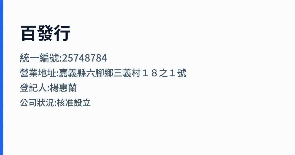 百發行 - 統編 25748784 (嘉義縣) 公司登記資料與營業項目詳細圖表