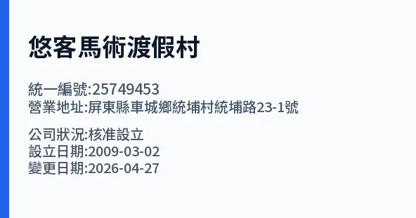 悠客馬術渡假村的照片-統編 25749453(屏東縣) 公司登記資料與營業項目詳細圖表