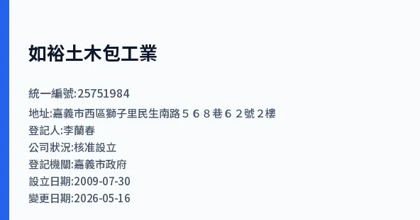 如裕土木包工業的照片-統編 25751984(嘉義市) 公司登記資料與營業項目詳細圖表
