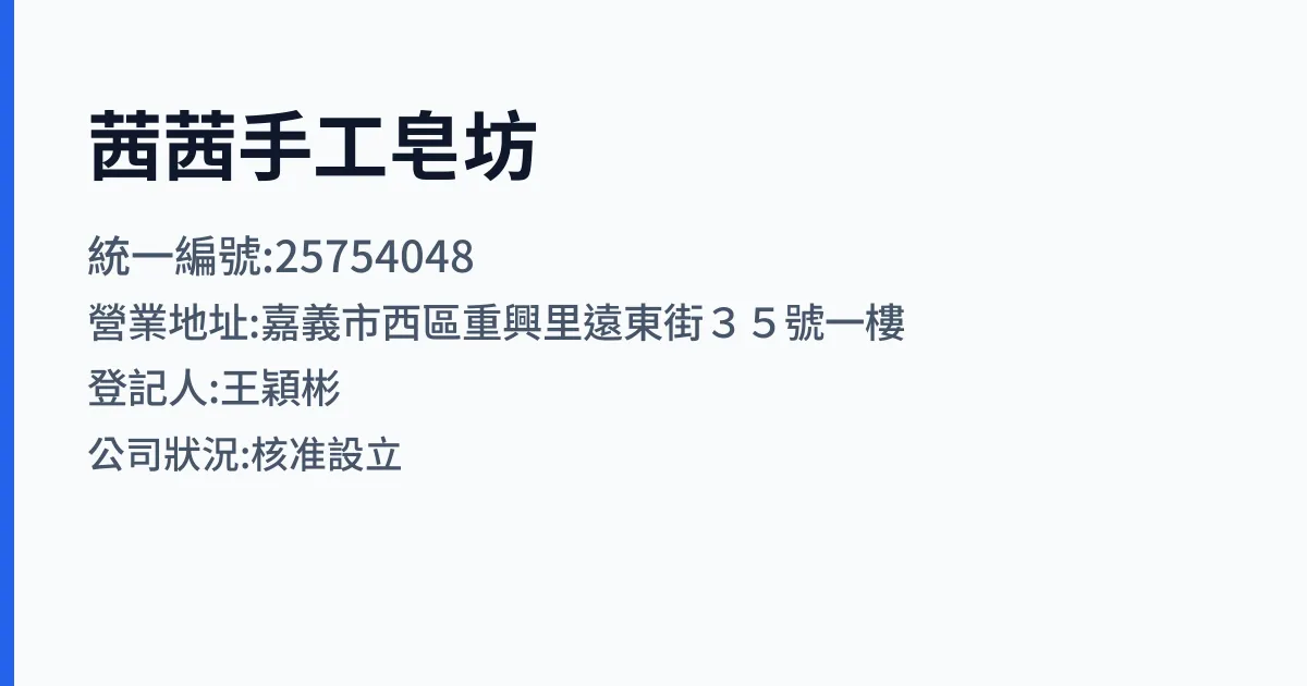 茜茜手工皂坊 - 統編 25754048(嘉義市) 公司登記資料與營業項目詳細圖表