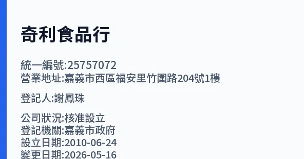 奇利食品行的照片-統編 25757072(嘉義市) 公司登記資料與營業項目詳細圖表