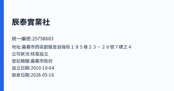 辰泰實業社的照片-統編 25758683(嘉義市) 公司登記資料與營業項目詳細圖表