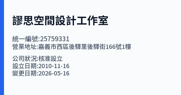 謬思空間設計工作室的照片-統編 25759331(嘉義市) 公司登記資料與營業項目詳細圖表