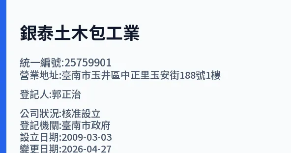 銀泰土木包工業的照片-統編 25759901(臺南市) 公司登記資料與營業項目詳細圖表