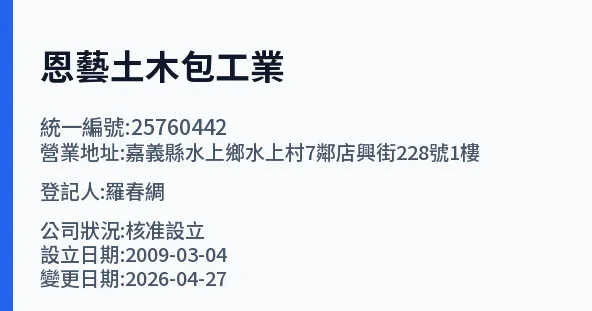 恩藝土木包工業的照片-統編 25760442(嘉義縣) 公司登記資料與營業項目詳細圖表