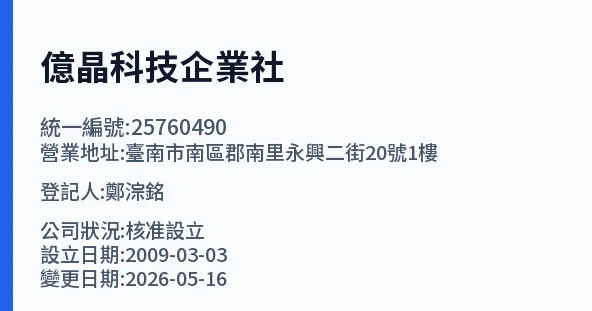億晶科技企業社的照片-統編 25760490(臺南市) 公司登記資料與營業項目詳細圖表