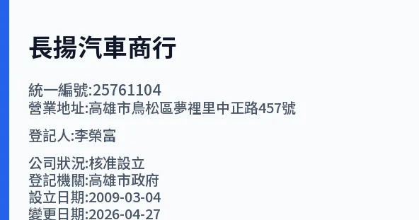長揚汽車商行的照片-統編 25761104(高雄市) 公司登記資料與營業項目詳細圖表