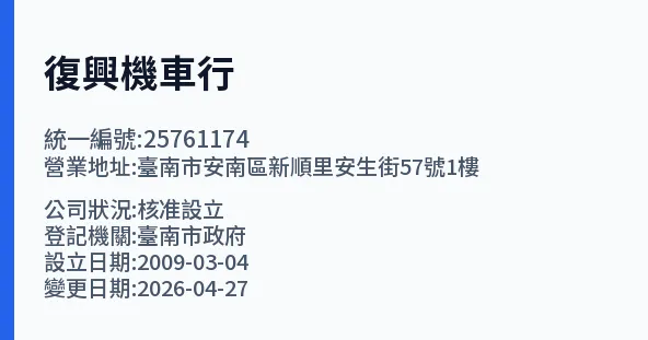 復興機車行的照片-統編 25761174(臺南市) 公司登記資料與營業項目詳細圖表