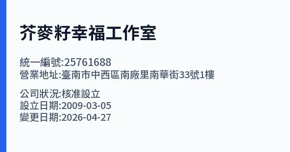 芥麥籽幸福工作室的照片-統編 25761688(臺南市) 公司登記資料與營業項目詳細圖表