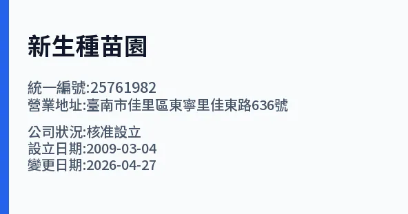 新生種苗園的照片-統編 25761982(臺南市) 公司登記資料與營業項目詳細圖表