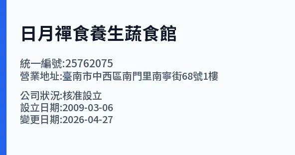 日月禪食養生蔬食館的照片-統編 25762075(臺南市) 公司登記資料與營業項目詳細圖表