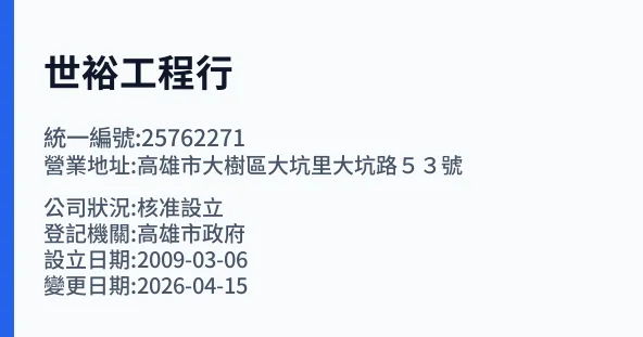 世裕工程行的照片-統編 25762271(高雄市) 公司登記資料與營業項目詳細圖表