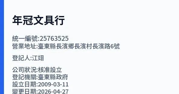 年冠文具行的照片-統編 25763525(臺東縣) 公司登記資料與營業項目詳細圖表